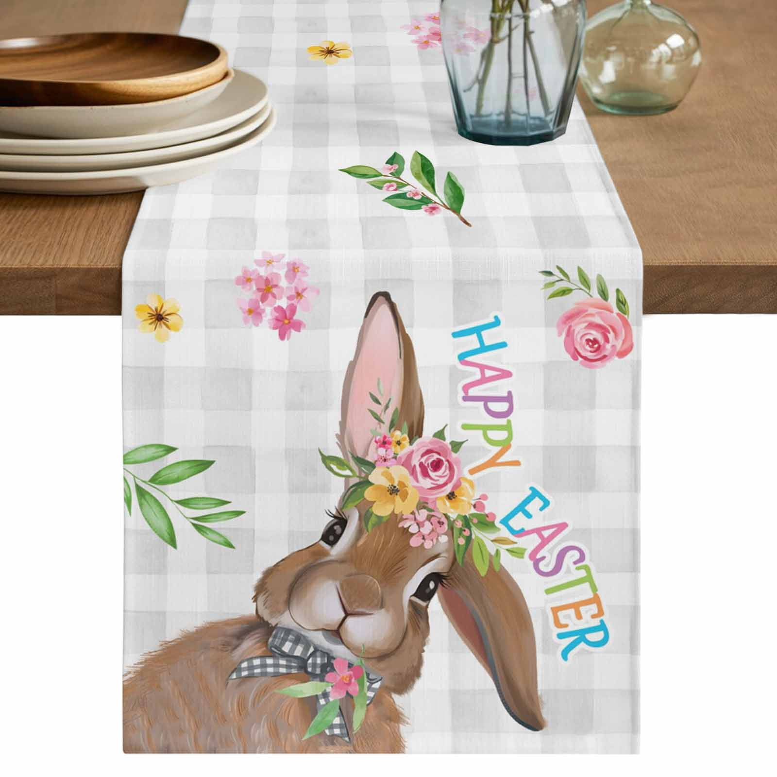Bunny Easter Table Runner 108 Inches, Rabbit Grey Plaid Farmhouse ...