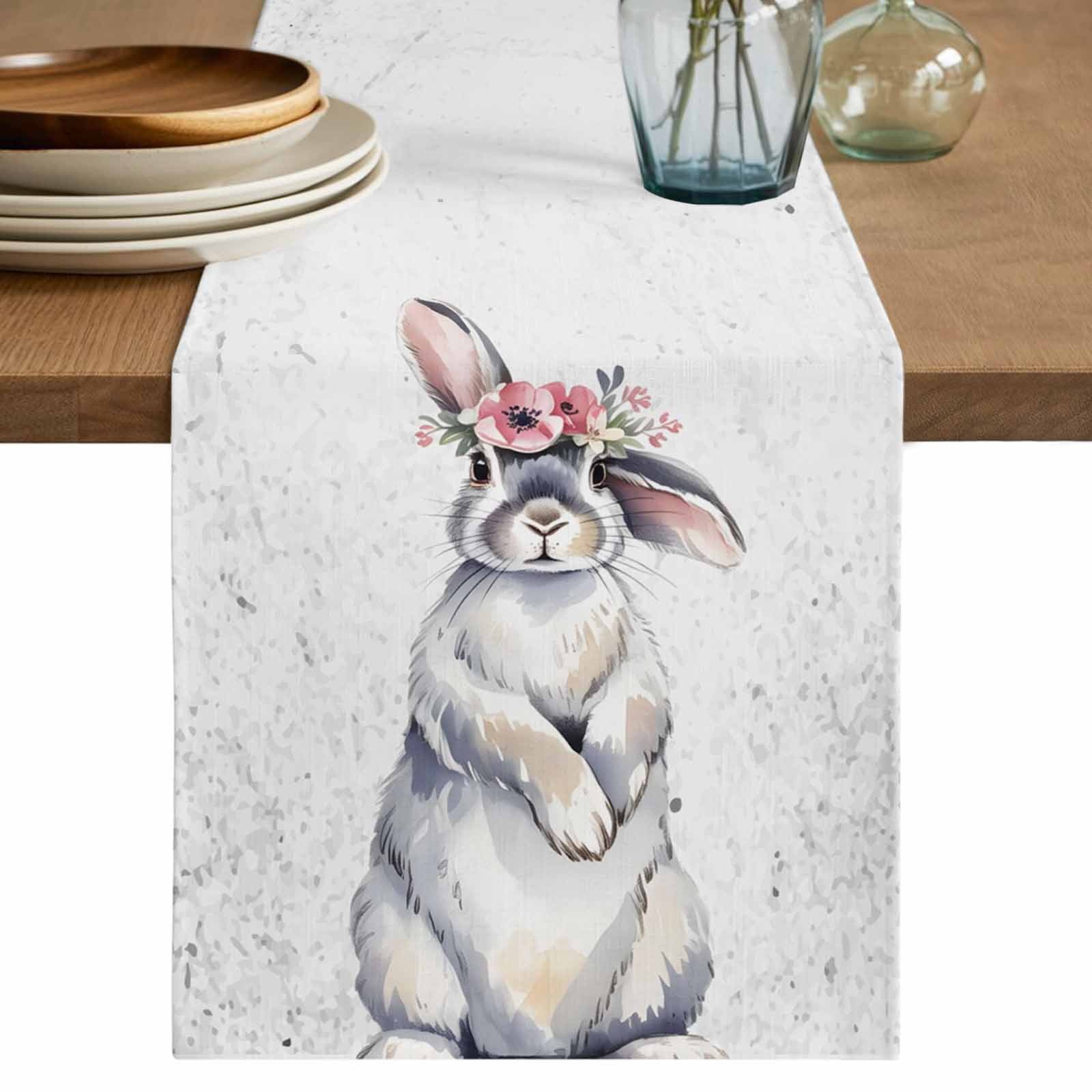 Bunny Easter Table Runner 120 Inches, Rabbits Farmhouse Floral Animals ...
