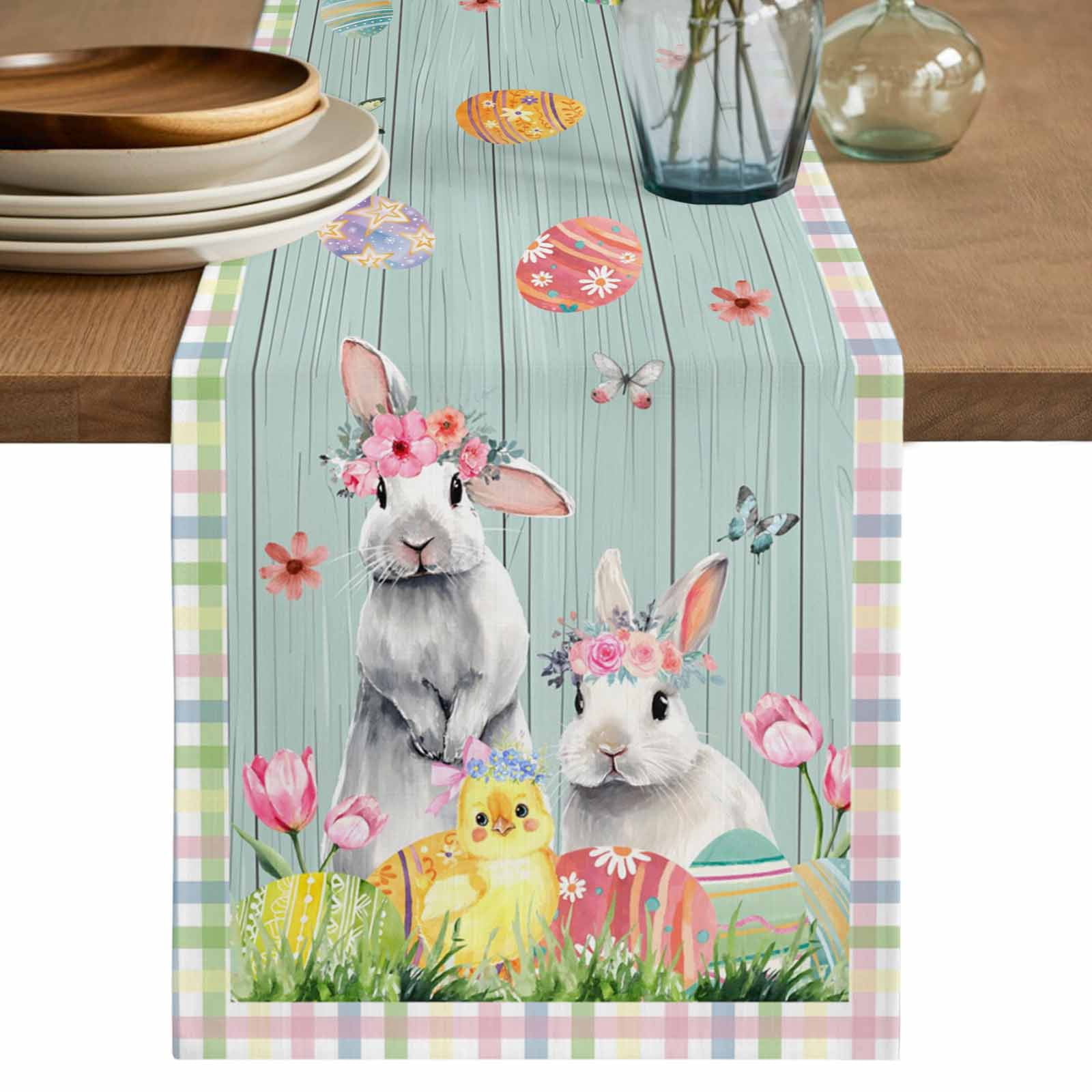 Bunny Easter Table Runner 36 Inches, Spring Floral Eggs Animals Wooden ...