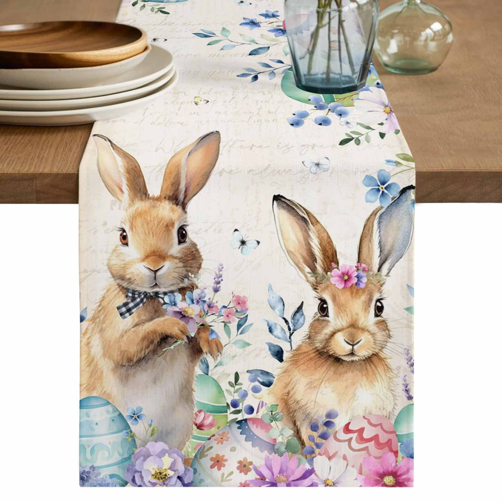Bunny Easter Table Runner 36 Inches, Spring Floral Eucalyptus Leaves ...