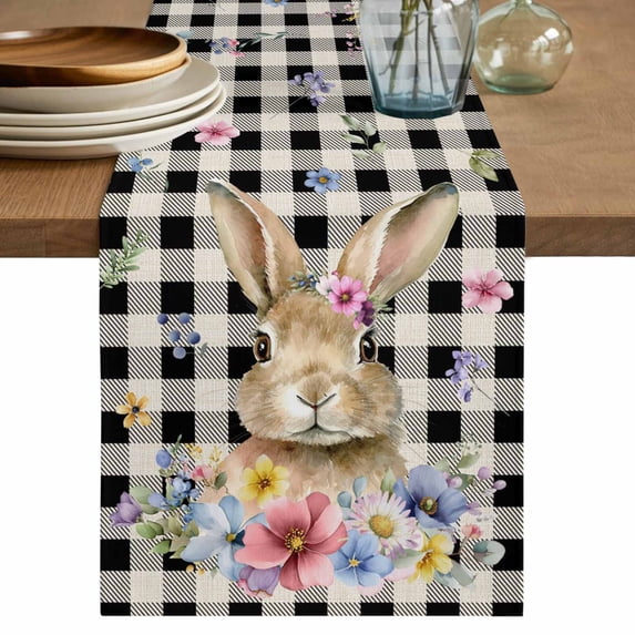 Bunny Easter Table Runner 72 Inches, Black Plaid Spring Floral Pastoral ...
