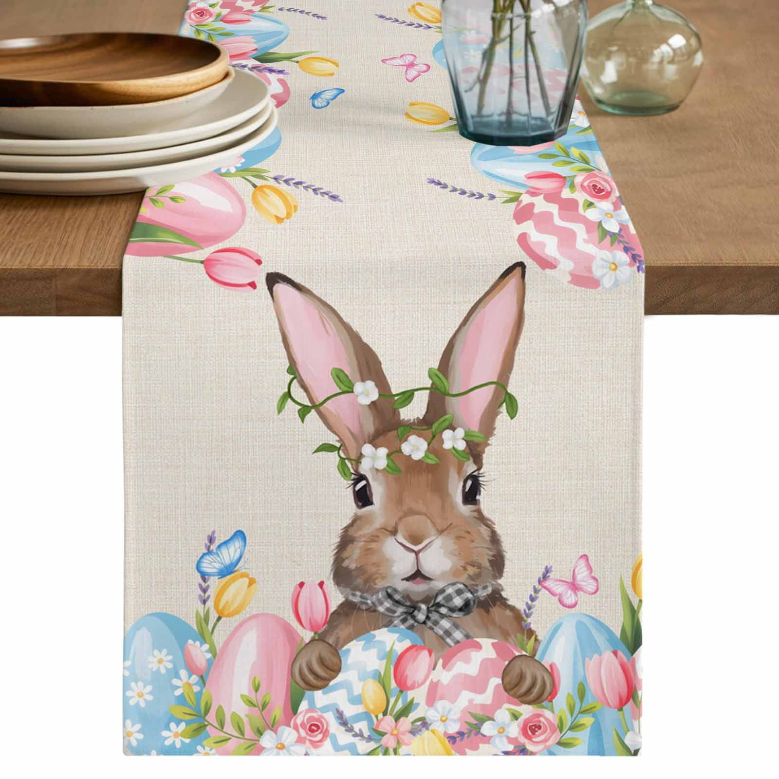 Bunny Easter Table Runner 72 Inches, Pink Blue Eggs Tulips Floral ...