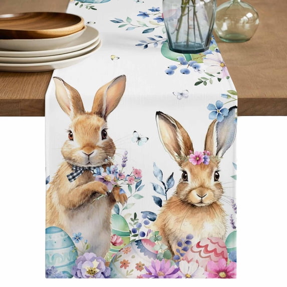 Bunny Easter Table Runner 72 Inches, Spring Floral Eggs Eucalyptus ...