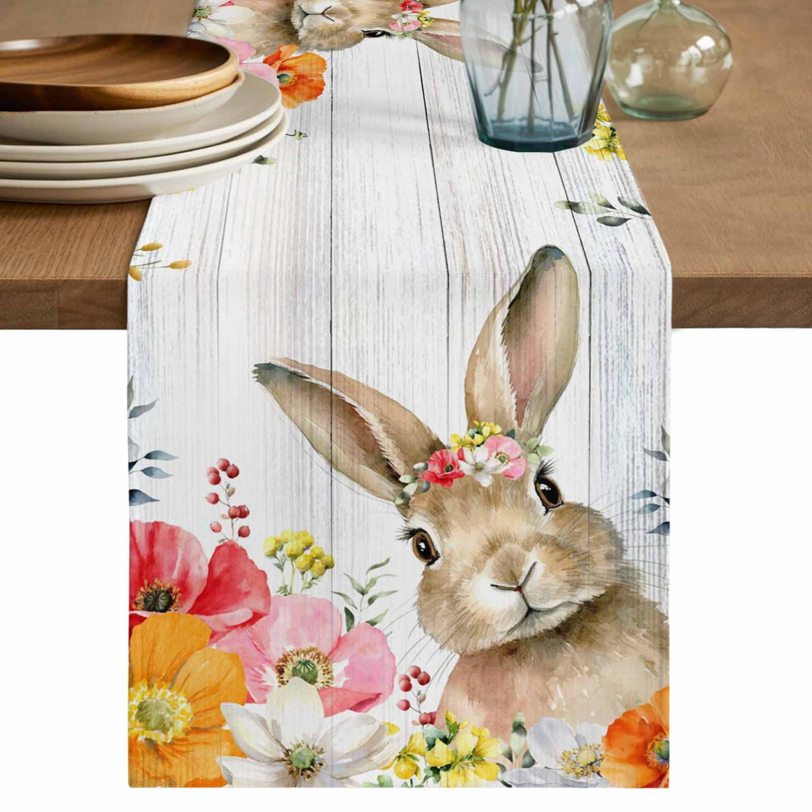 Bunny Easter Table Runner 90 Inches, Eucalyptus Spring Floral Farmhouse ...