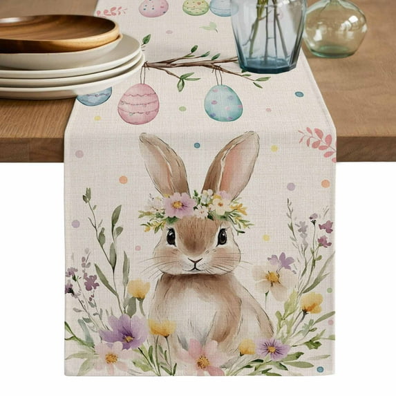 Bunny Easter Table Runner, Colorful Eggs Spring Floral Rustic Washable ...