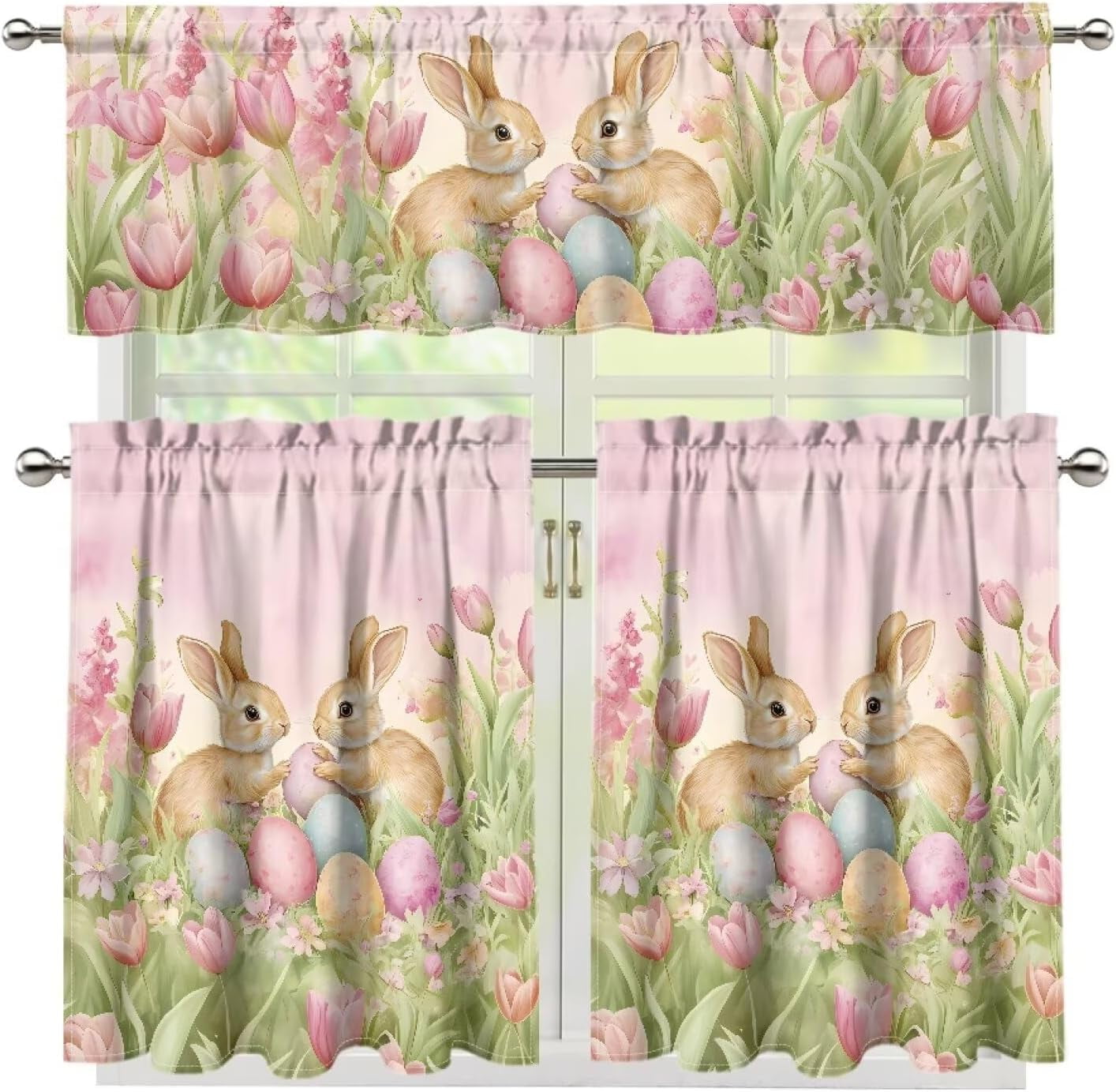 Bunny Eggs 3 Piece Set Kitchen Curtains Valance and Tiers Set Tier ...