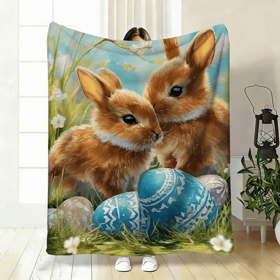 Bunny Eggs Polyester Flannel Blanket – Soft, Warm Throw for Bed, Sofa ...
