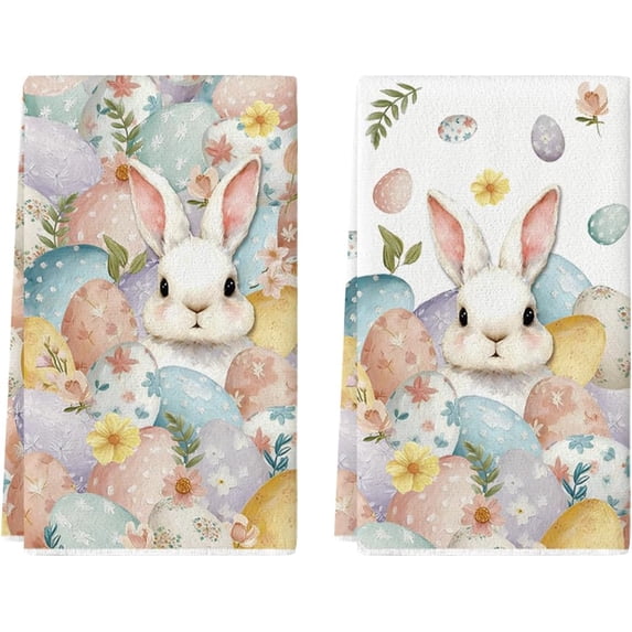 Bunny Eggs Rabbit Leaves Flowers Happy Easter Spring Kitchen Towels ...