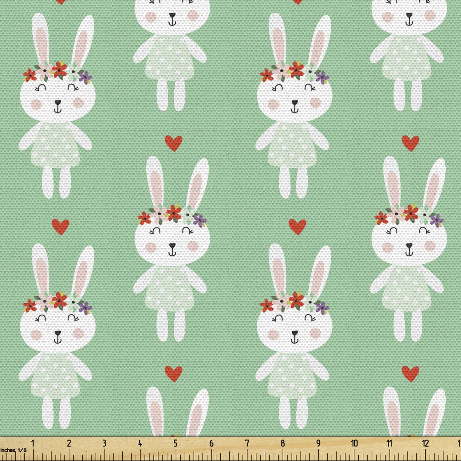 Bunny Fabric by the Yard, Rabbits with Dotted Dresses Flowers on Their ...