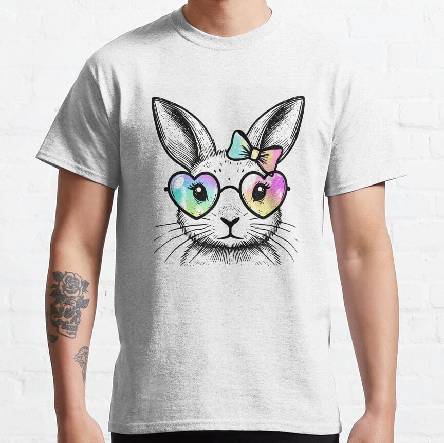 Bunny Face Easter Girls Pastel Bow Tie Glasses Women Classic T-Shirt ...