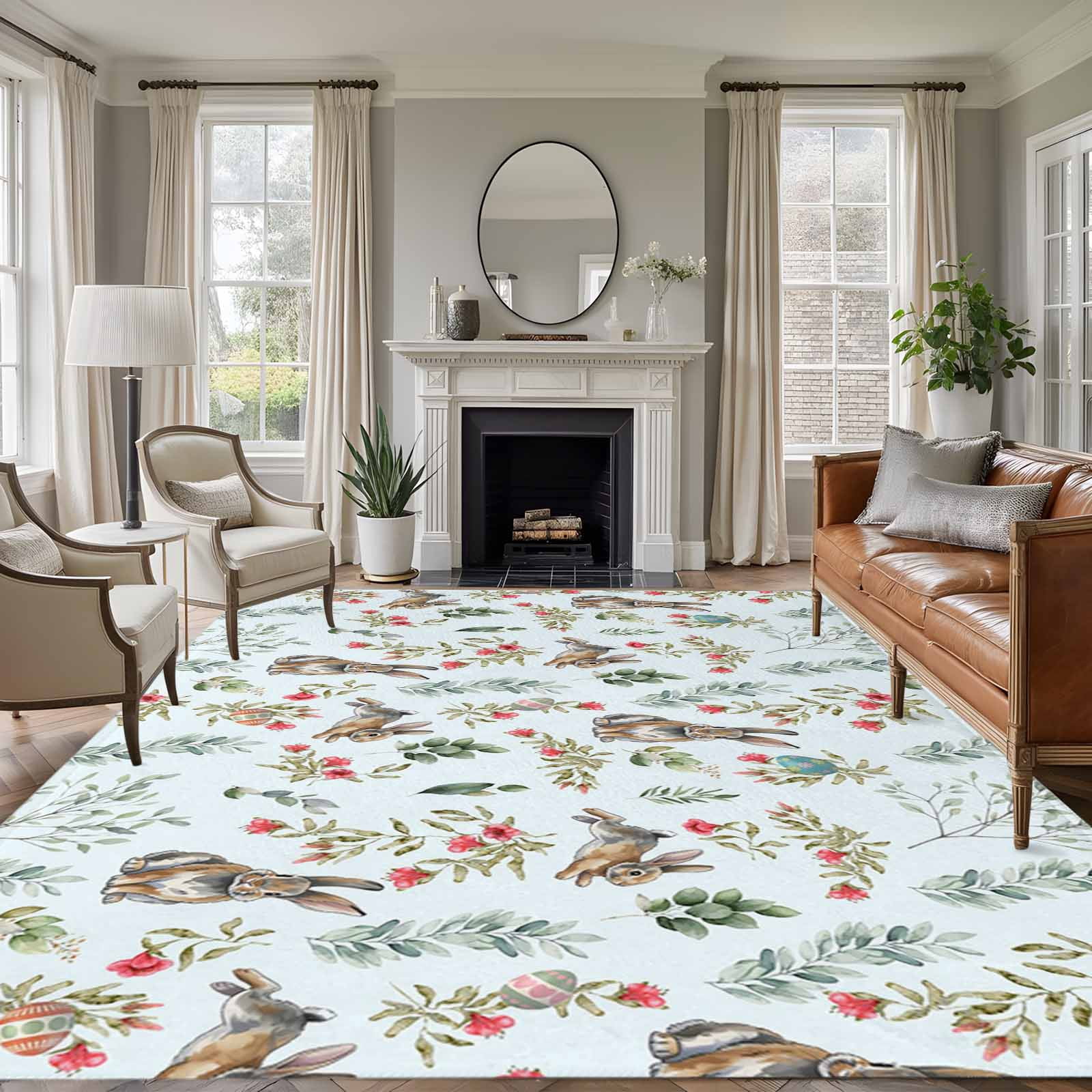 Bunny Floral Easter 5'x7' Area Rug, Elegant Pastoral Spring Floral ...