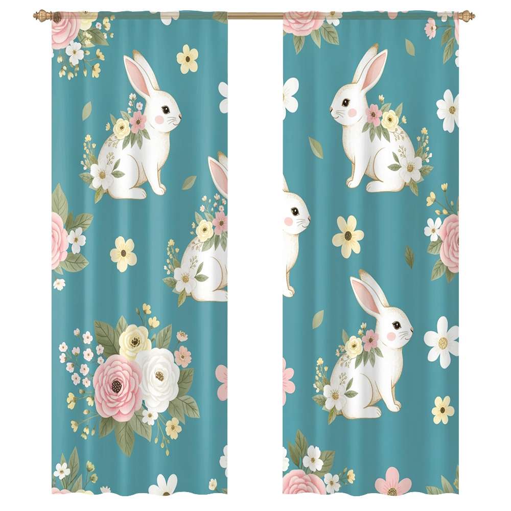 Bunny Floral Teal Print Modern Tulle Window Curtains for Living Room ...
