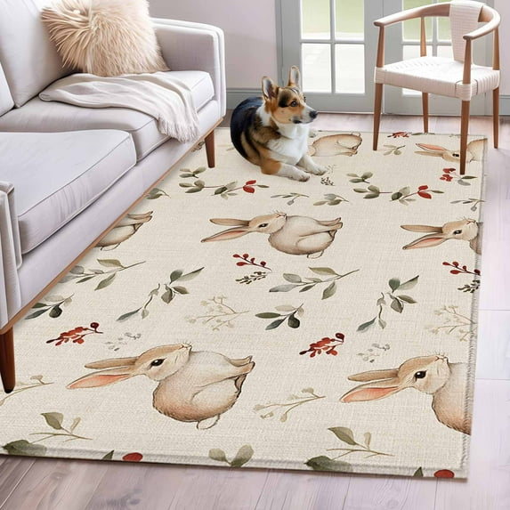 Bunny Flower Area Rug 3x5 Washable Rug Non Slip Farmhouse Rabbit Plant ...