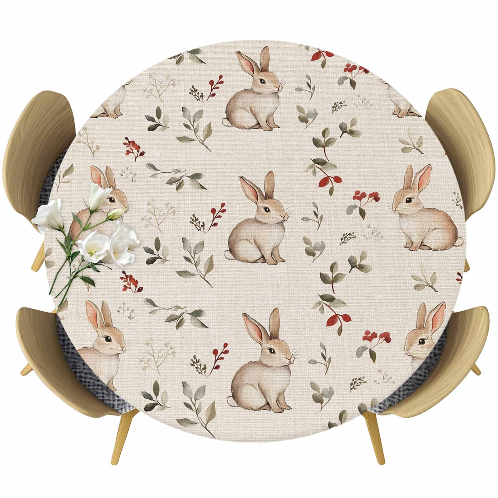 Bunny Flower Round Tablecloth 36-44 Inch Round Fitted Table Cloth with ...