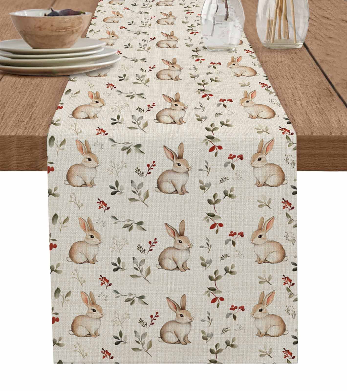 Bunny Flower Table Runner 120 Inches, Farmhouse Rabbit Plant Pastoral ...