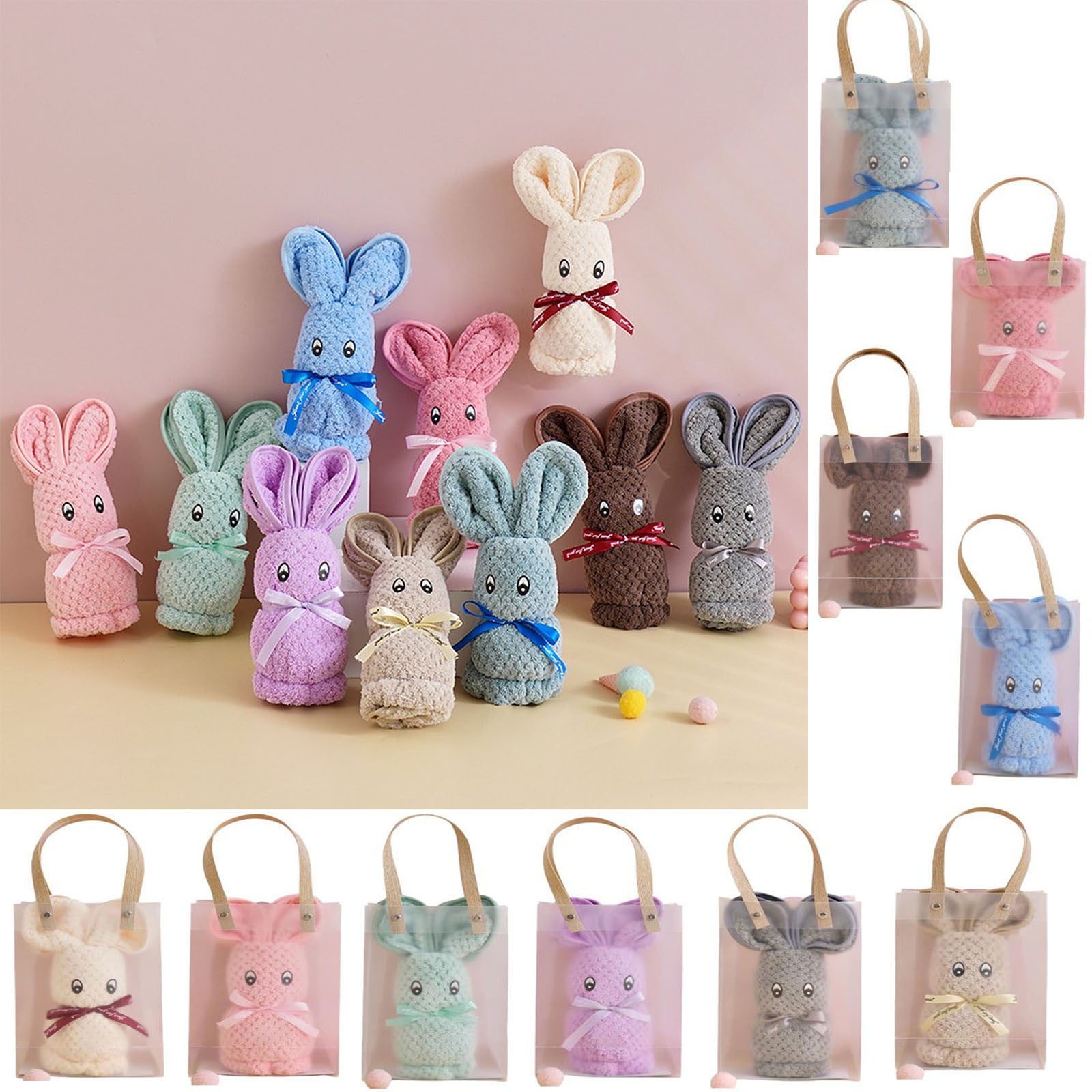 Bunny-Folded Coral Fleece Towel with PVC Gift Bag - Soft Absorbent Hand ...