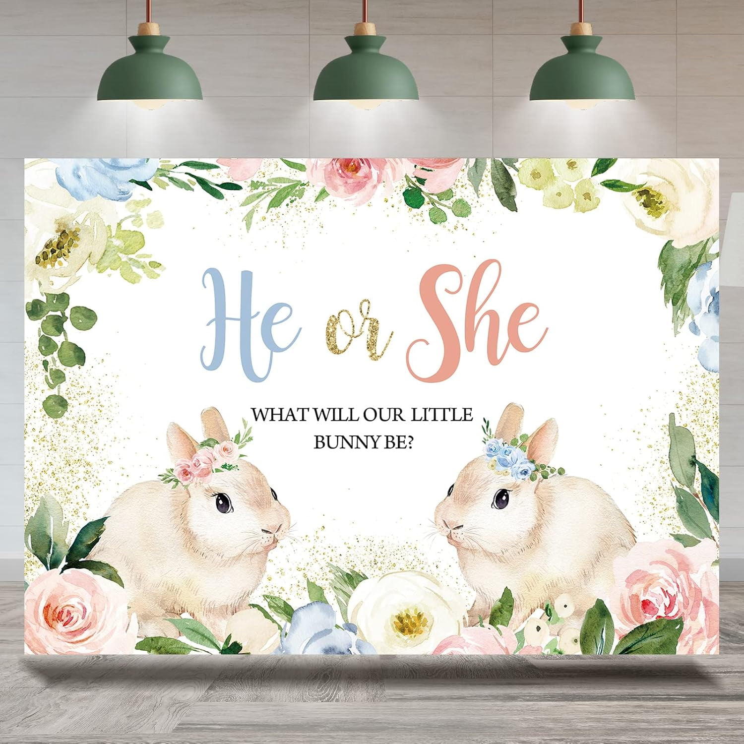 Bunny Gender Reveal Backdrop He or She Blue or Pink Floral Rabbit Boy ...
