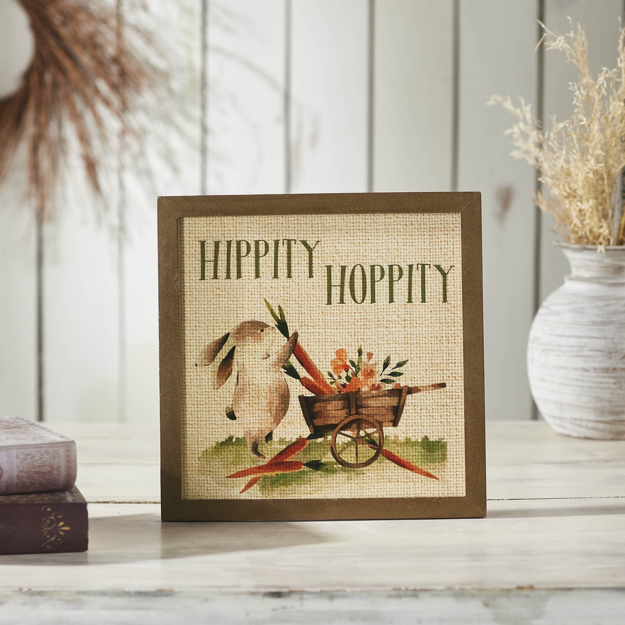VHC Brands Bunny Hop Hippity Hoppity Bunny & Carrot Wagon MDF Wall Sign ...