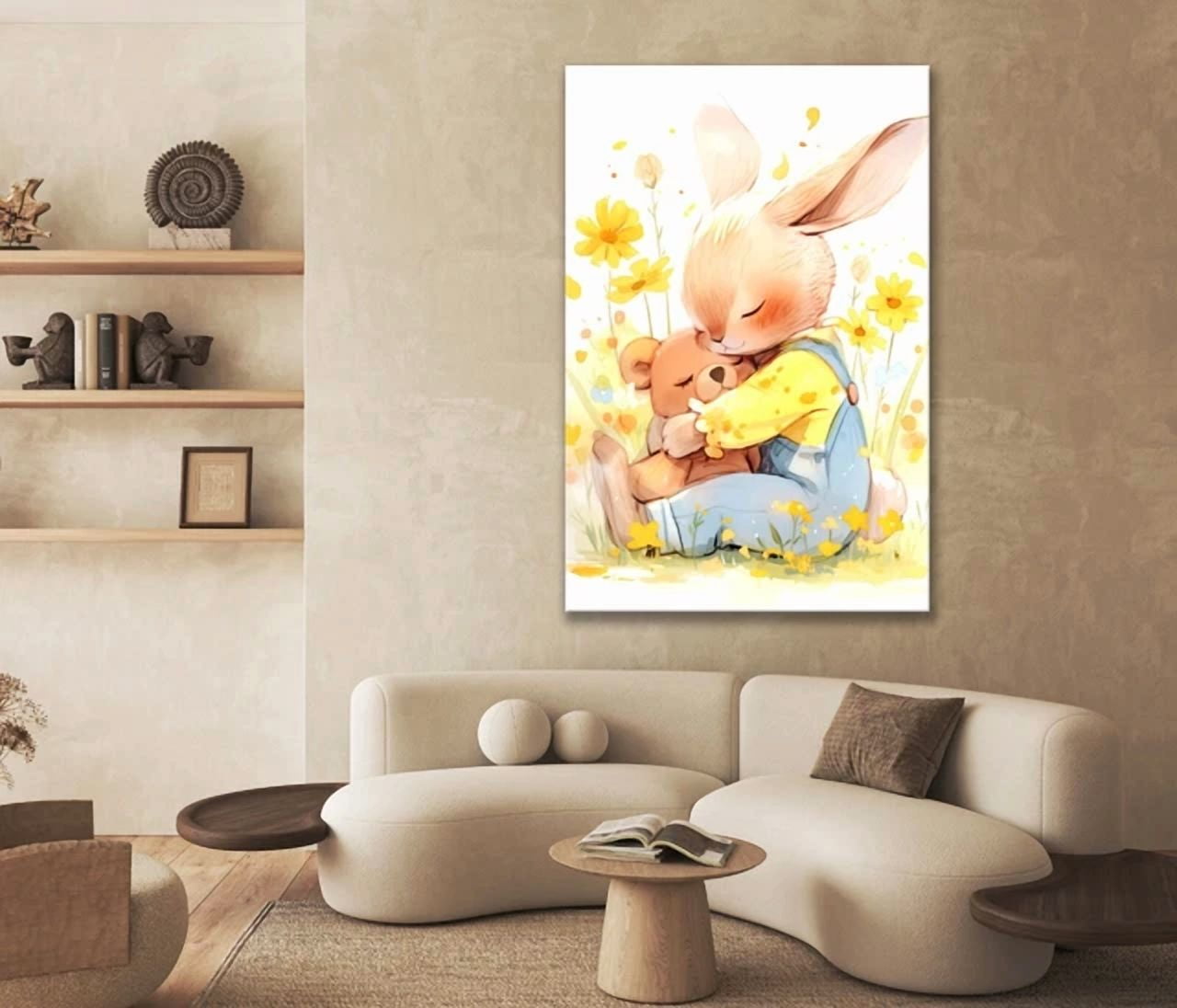 Bunny Hugging A Bear In A Field Poster Art Home Decor Vintage Gift ...