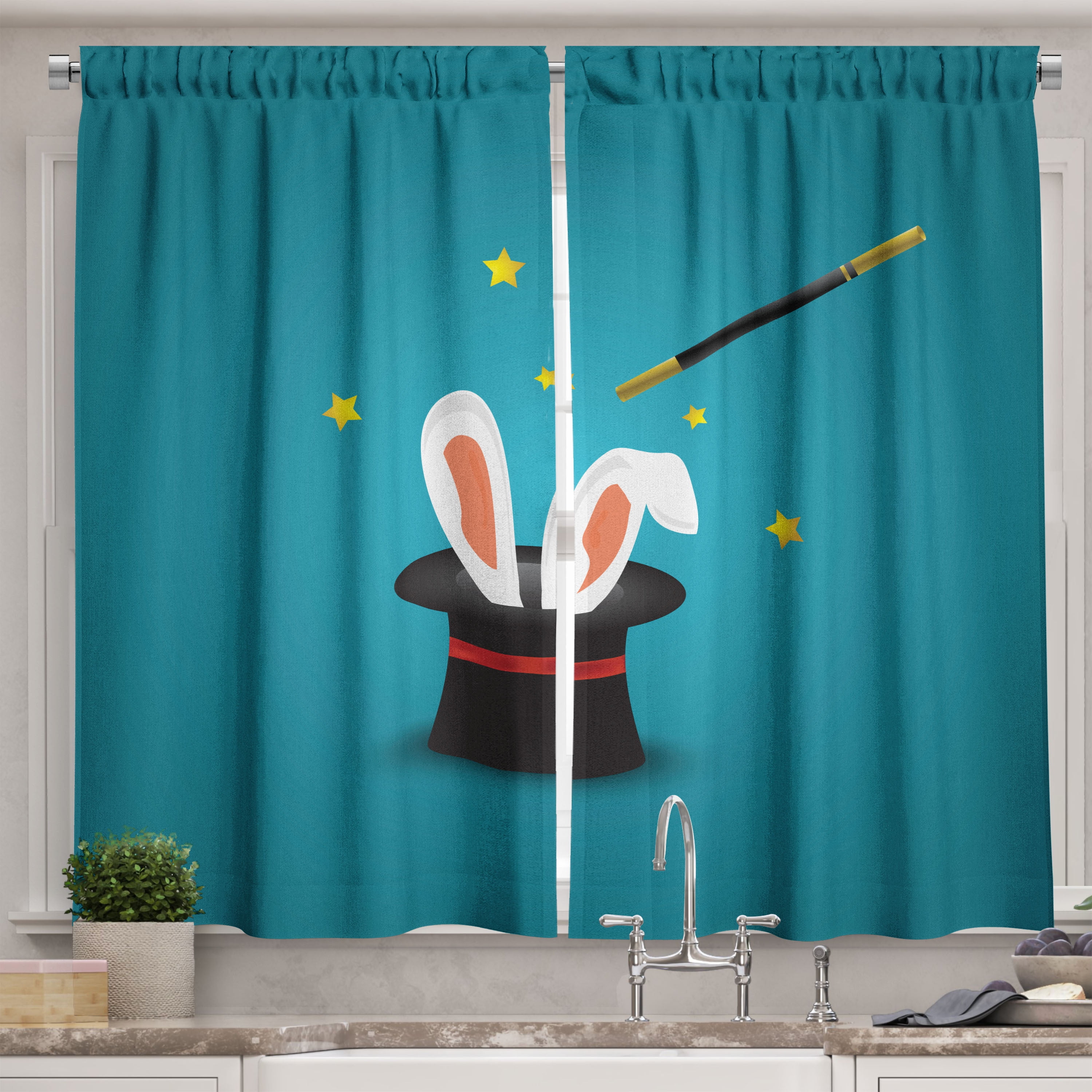 Bunny Kitchen Curtains, Magicians Hat with Rabbit Ears and a Magic Wand ...