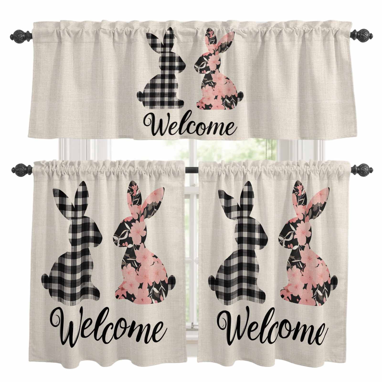 Bunny Kitchen Curtains and Valances Set, Flower Plaid Rabbit Welcome ...