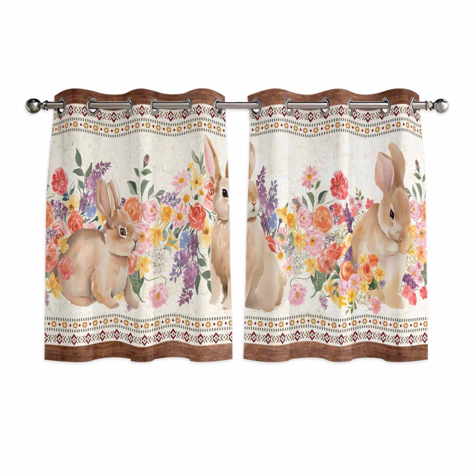 Bunny Kitchen Curtains Window Panels, Spring Floral Pastoral Rabbits ...