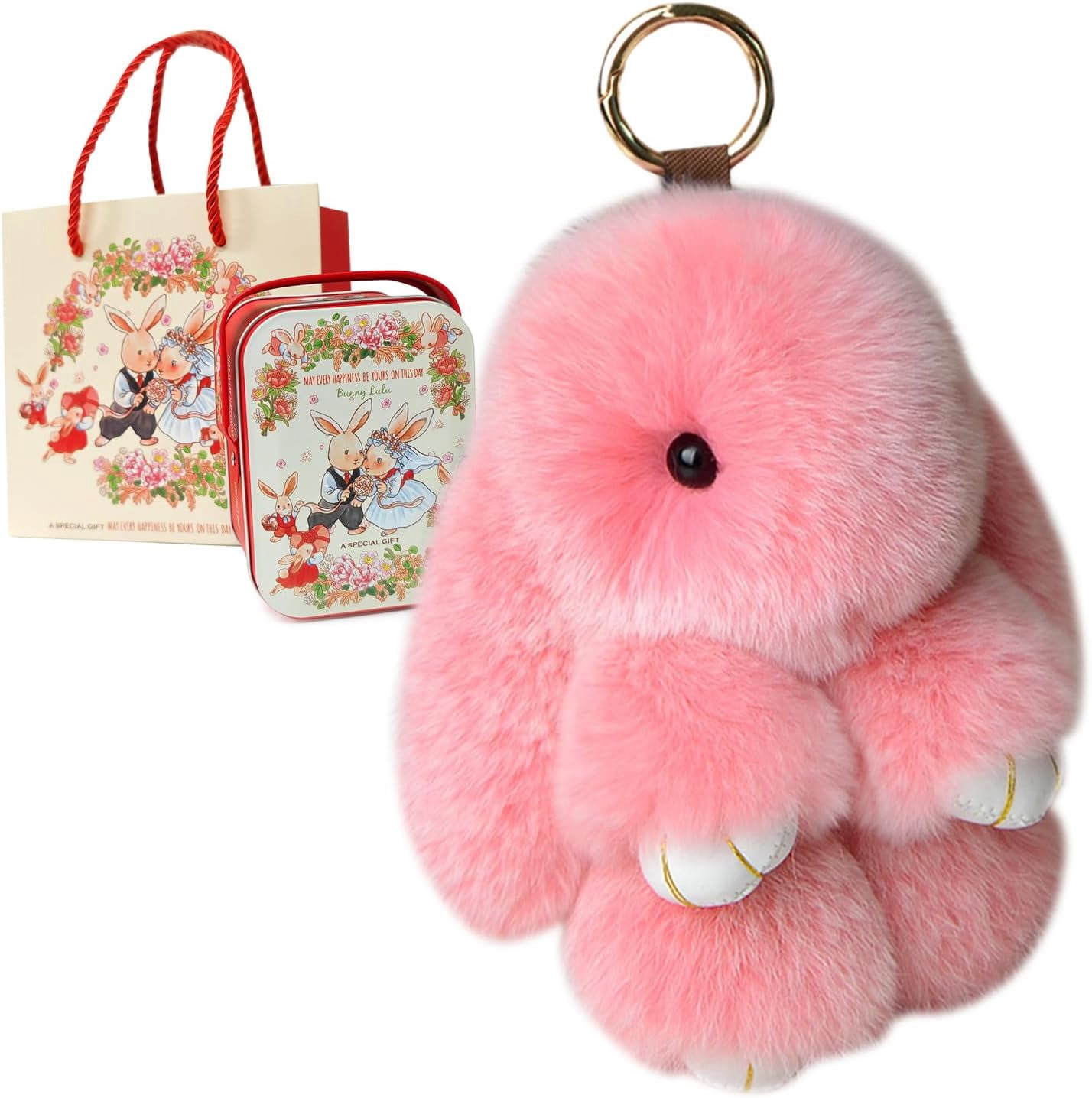 Bunny Lulu Keychain with Tin Adorable Soft Bunny Pompom Charm for Girls ...