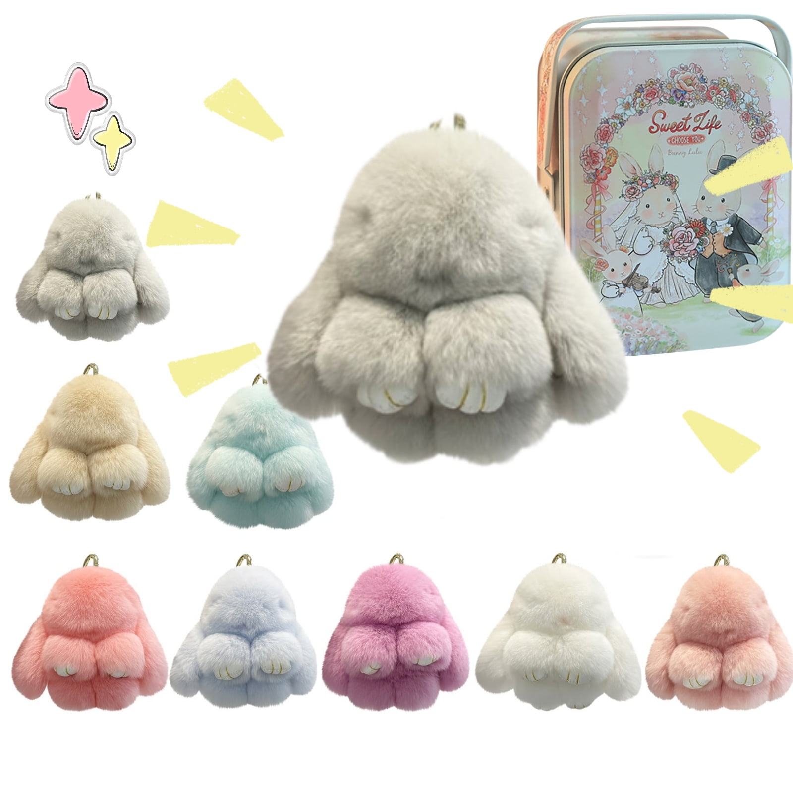 Bunny Lulu keychain with tin, handmade soft and cute rabbit pompom ...