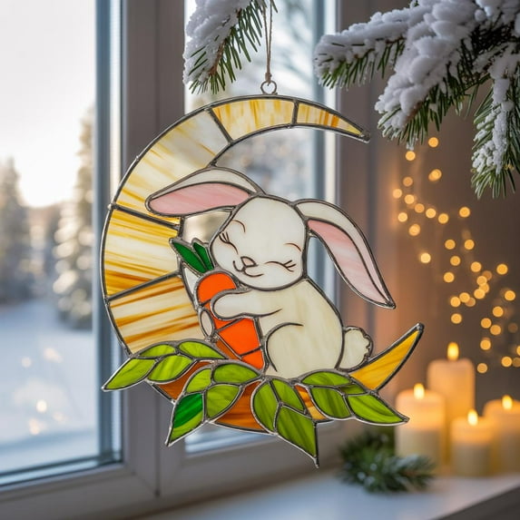Bunny Moon Acrylic Suncatcher, Sleeping Rabbit with Carrot, Crescent ...