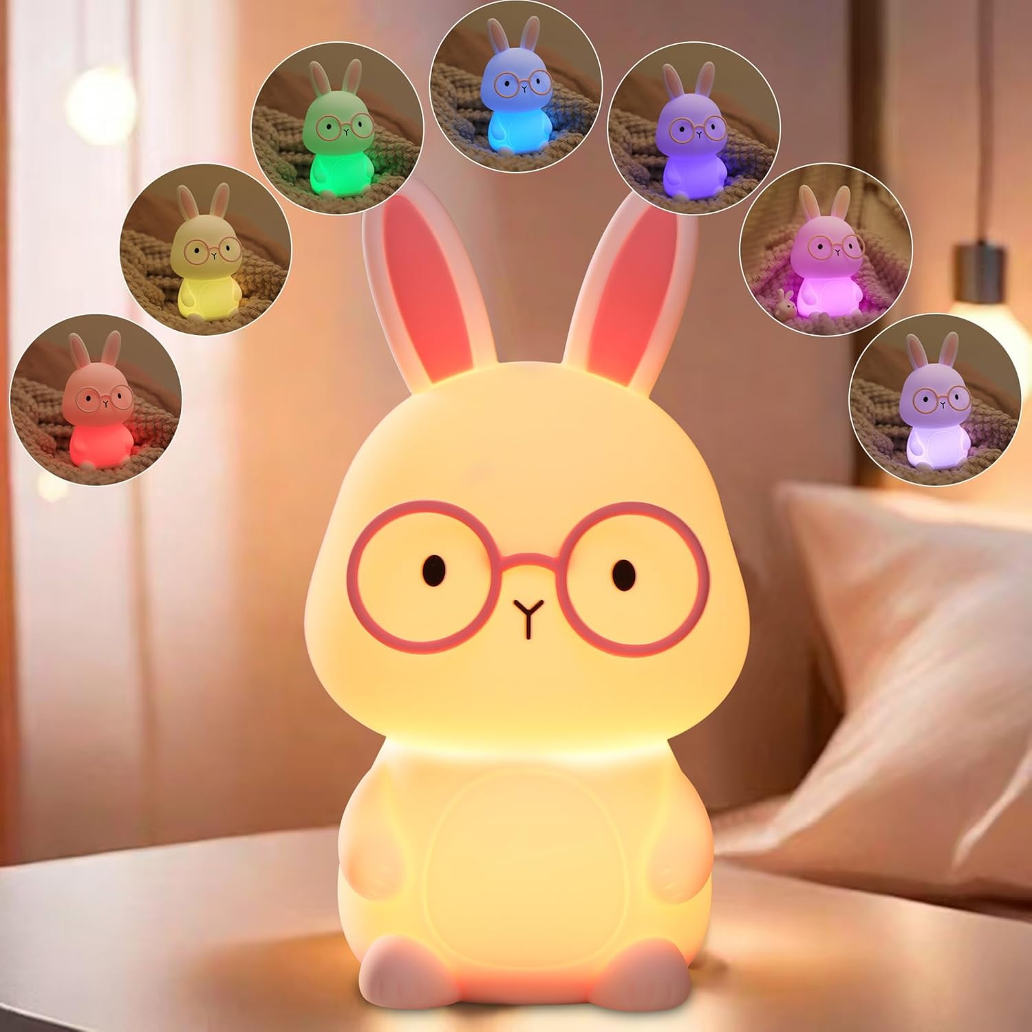 Bunny Night Light for , Soft Lamp, 7-Color , 3-Level Dimmable Warm ...