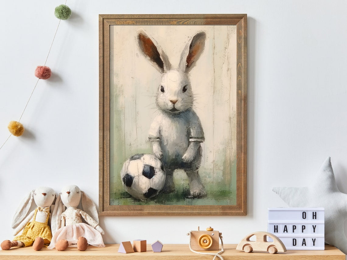 Bunny Nursery Decor, Baby Rabbit Football Player Vintage Art, Sports ...