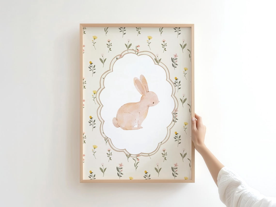 Bunny Nursery Print Vintage Cottagecore Rabbit and Wildflowers Art ...