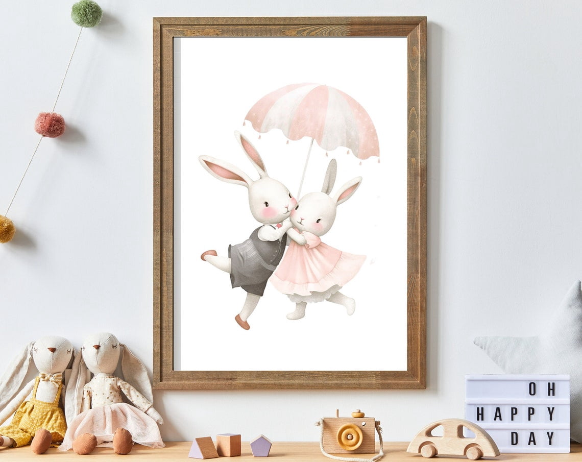 Bunny Nursery Wall Decor Cute Vintage Kids Room Art Rabbit Nursery ...
