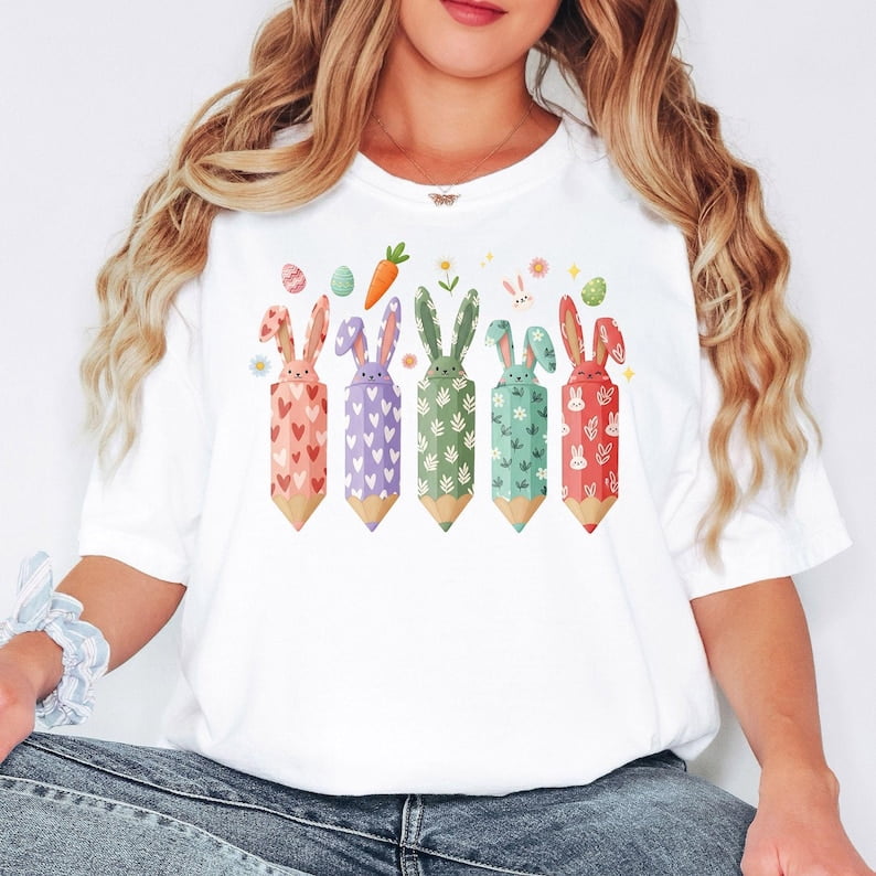 Bunny Pencil T Shirt Cute Teacher Outfit Pastel Spring Classroom Top ...