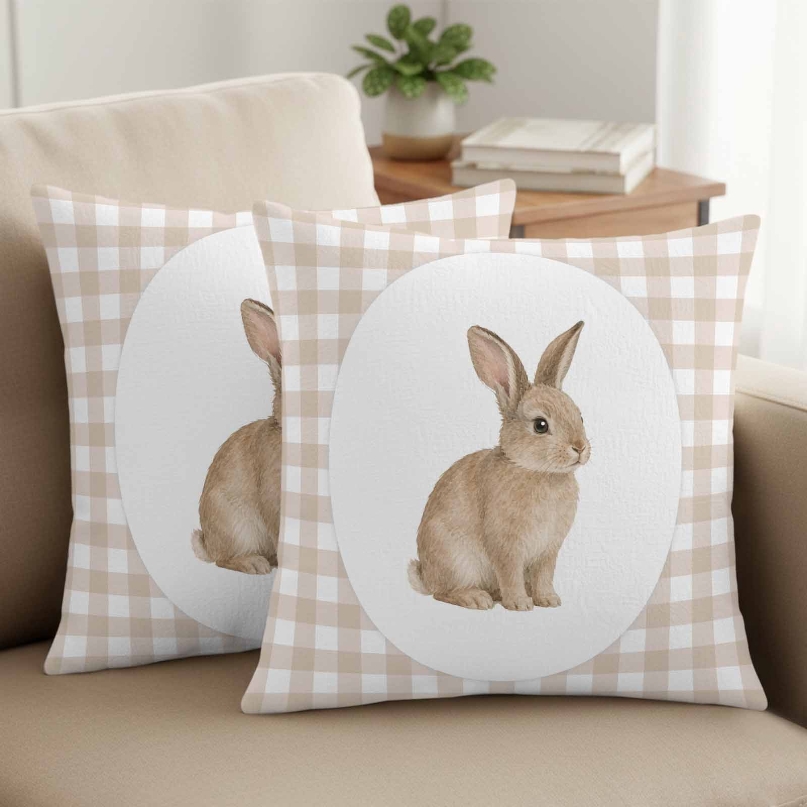 Bunny Plaid Pillow Covers Set of 2, Rustic Farmhouse Beige Checked ...