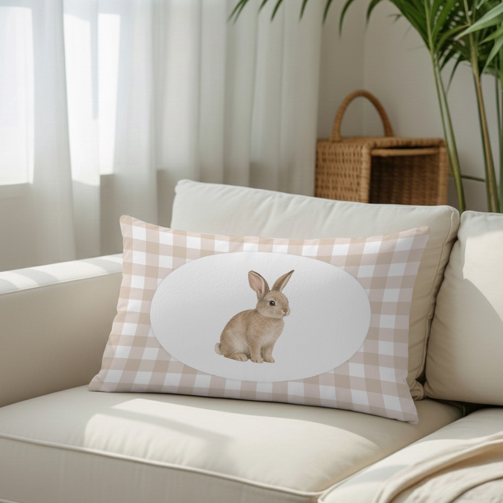 Bunny Plaid Throw Pillow Covers, Rustic Farmhouse Beige Checked Animal ...