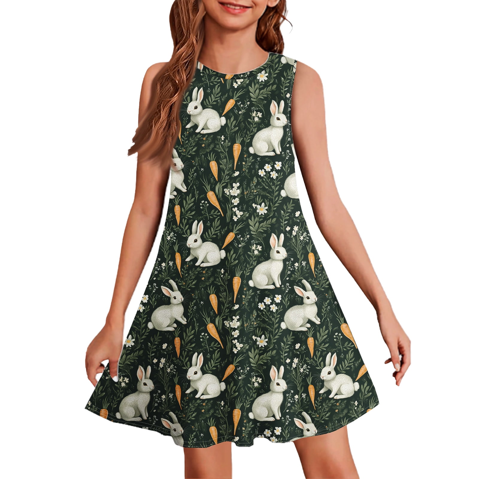 Bunny Print Dresses for Girls Cute Kids Sundress Crewneck Size 4-12 ...