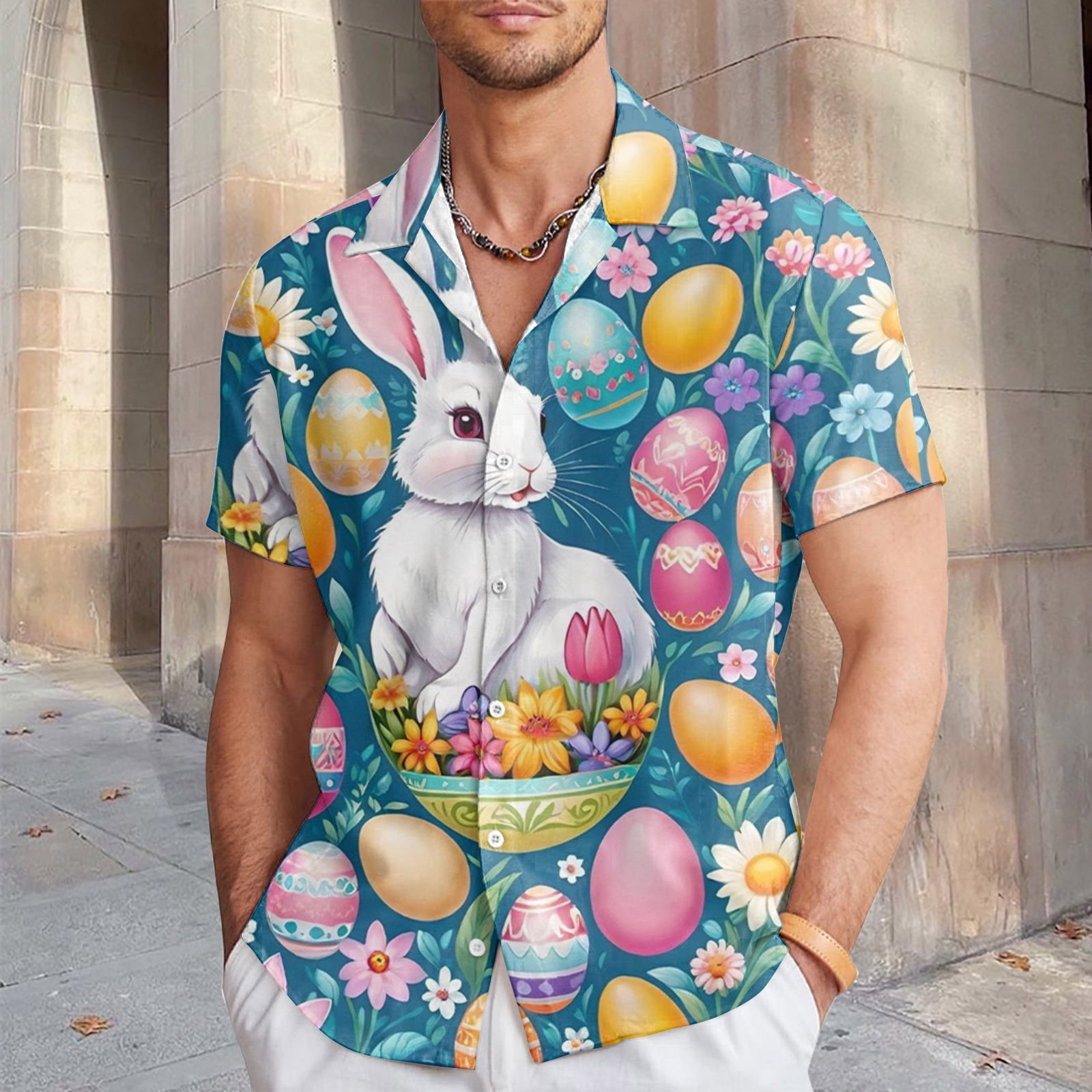 Bunny Print Easter Themed Mens Short Sleeve Button Up Shirt Lightweight ...