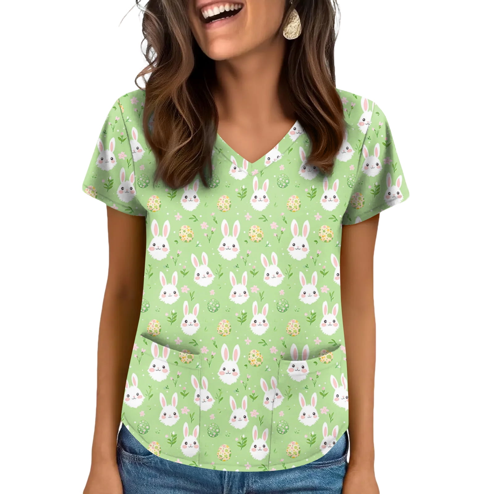 Bunny Print Scrubs for Women Easter Egg Holiday Short Sleeve V Neck ...
