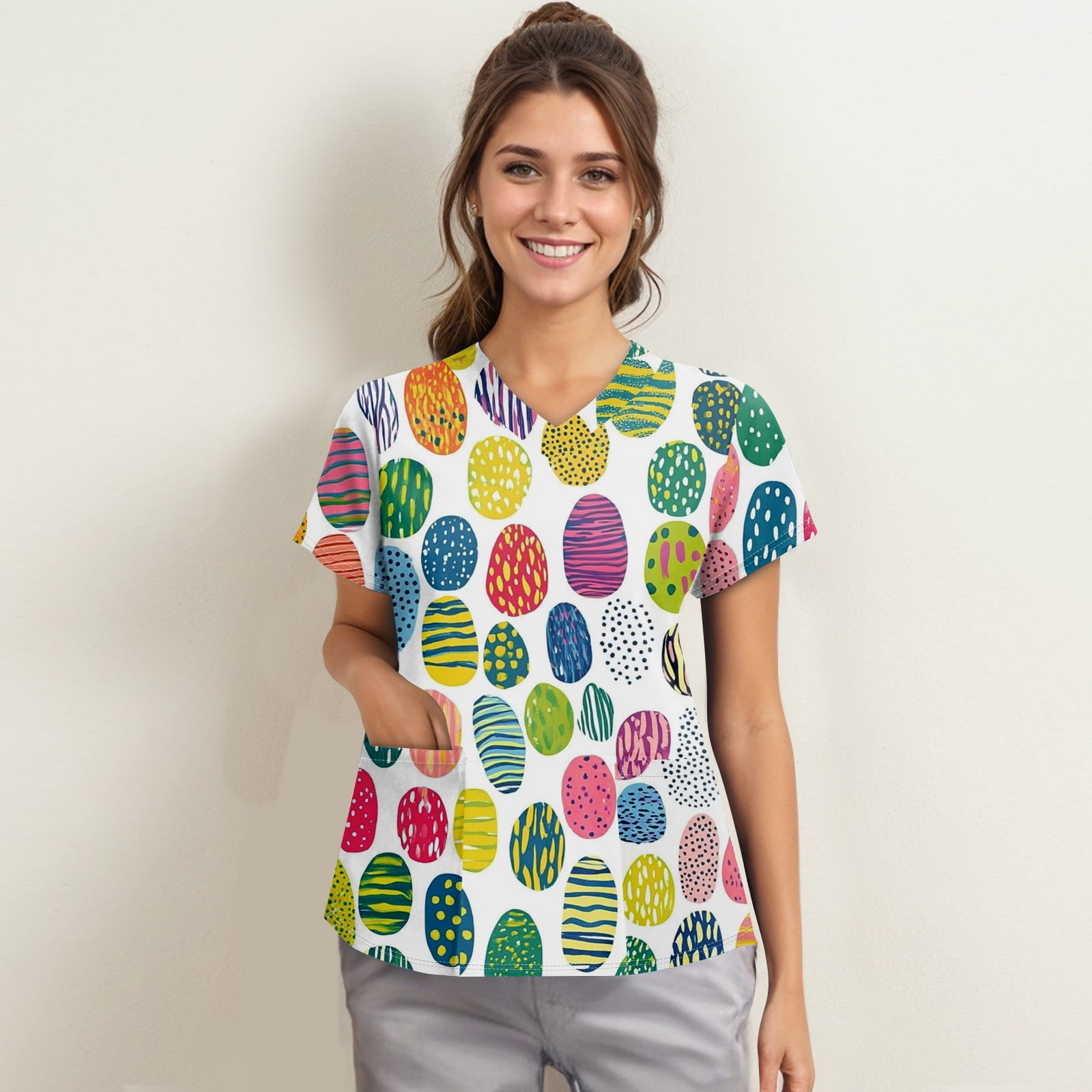 Bunny Printed Easter Scrubs for Women, Cute Stretch Short Sleeve V-Neck ...