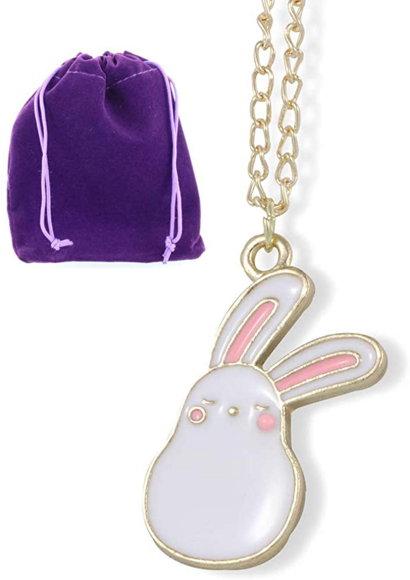 Bunny Rabbit Cartoonish White with Two Pink Ears on Gold Chain Necklace ...