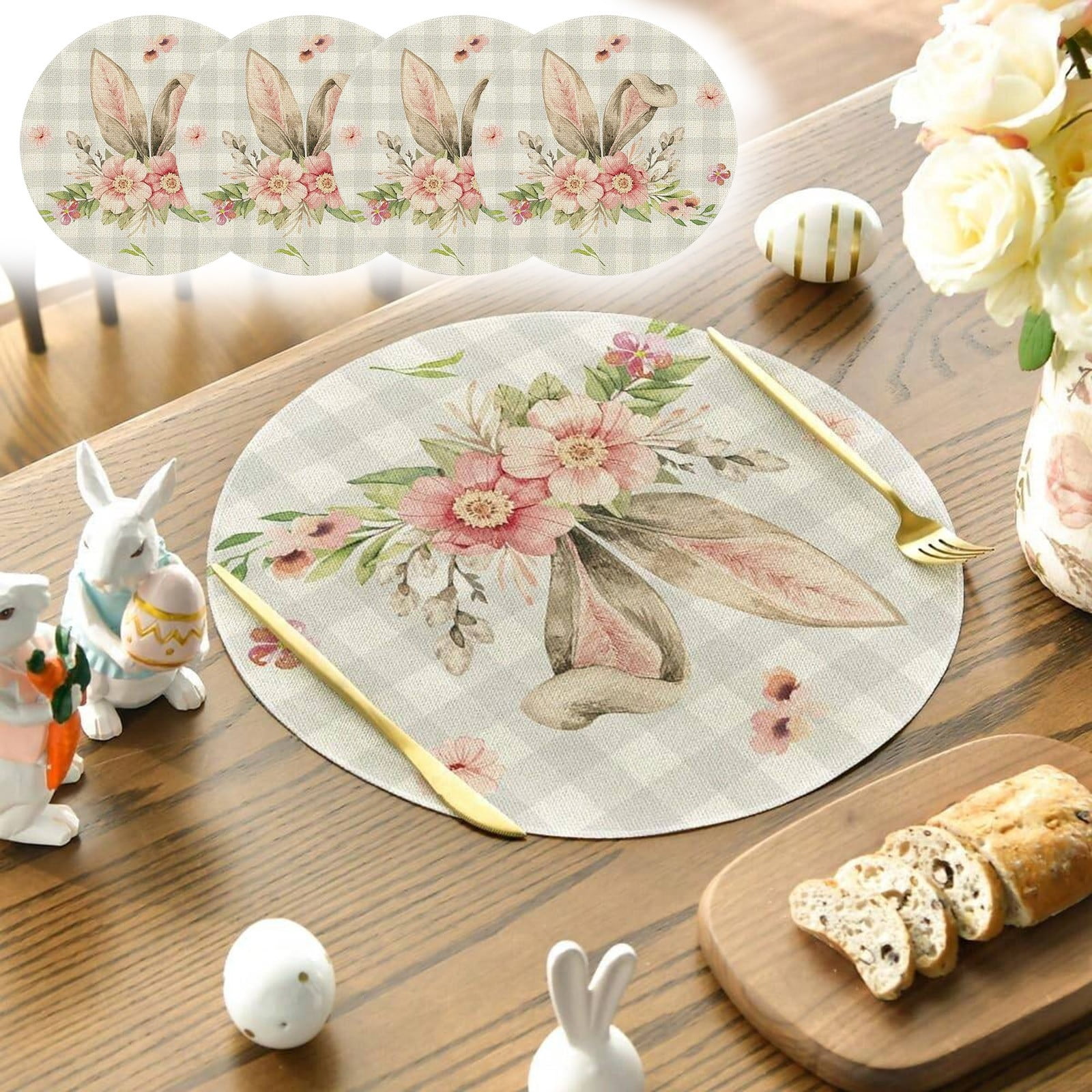 Bunny Rabbit Ears Easter Round Placemats Set of 4, Garden Bunny Buffalo ...