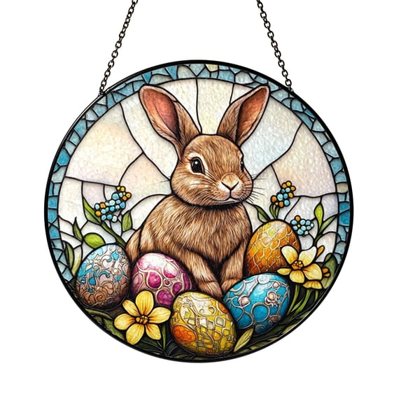 Bunny Rabbit Floral Stained Glass Style Suncatcher Window Hanging Decor ...