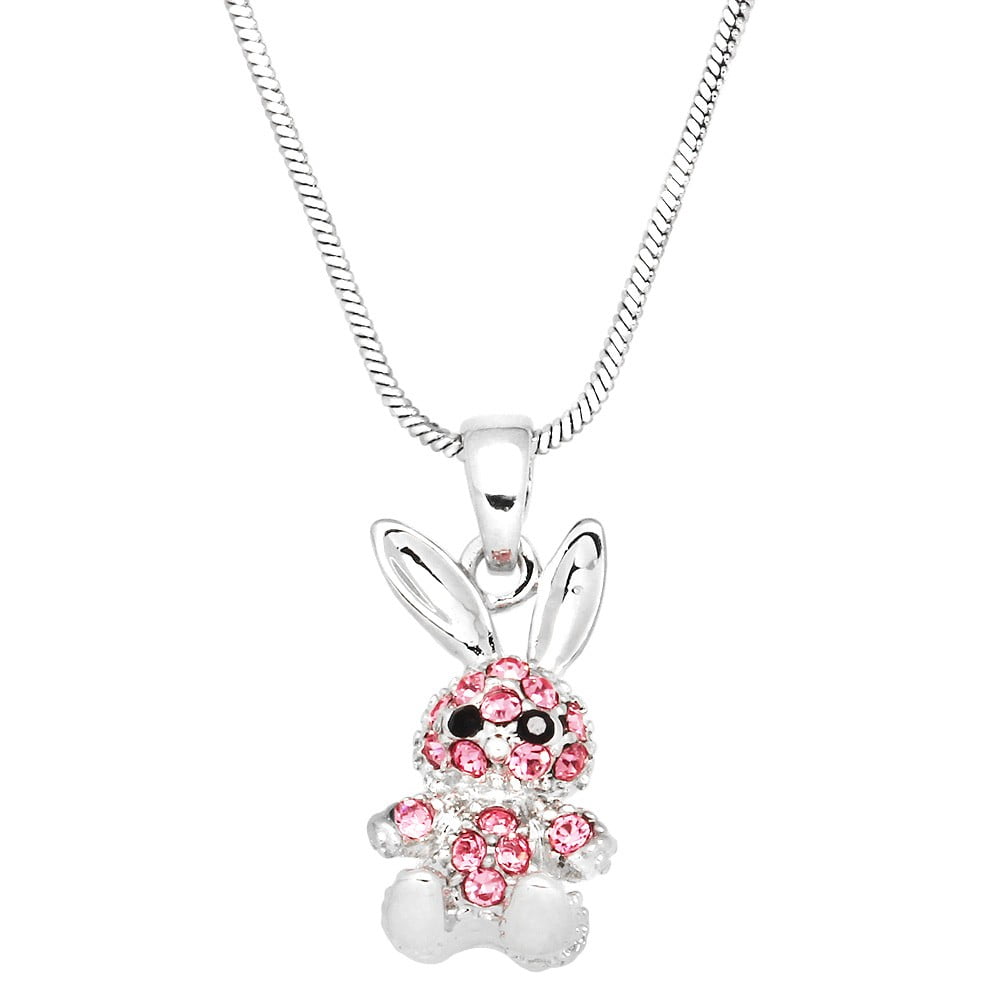 Bunny Rabbit Pendant Necklace Pink Rhinestone Crystal Rhodium Plated 17 ...