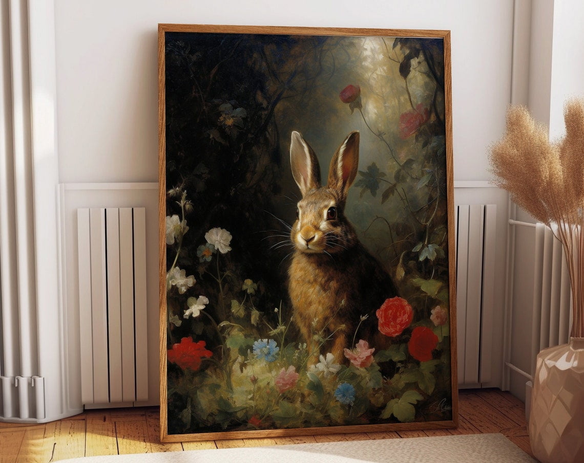Bunny Rabbit Wall Art, Antique Rabbit Painting, Dark Academiavintage ...
