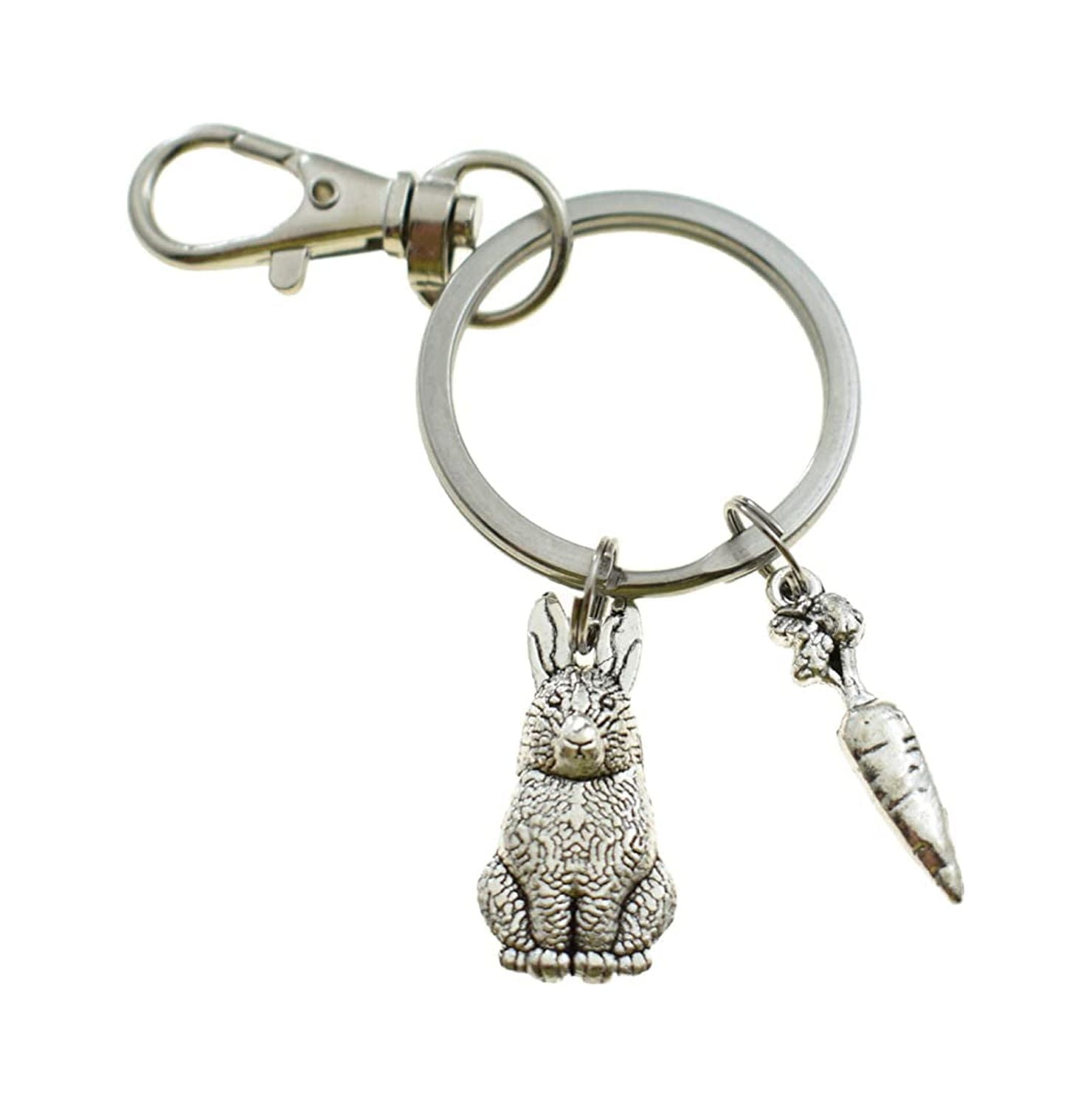 Bunny Rabbit and Carrot on Stainless Steel Key Ring and Snap Hook ...