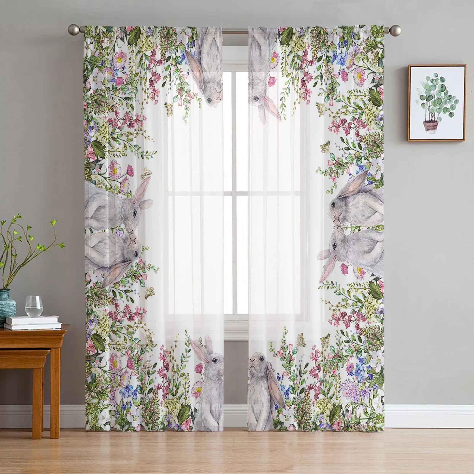 Bunny Rabbit with Flowers Watercolor Sheer Curtain for Living Room ...