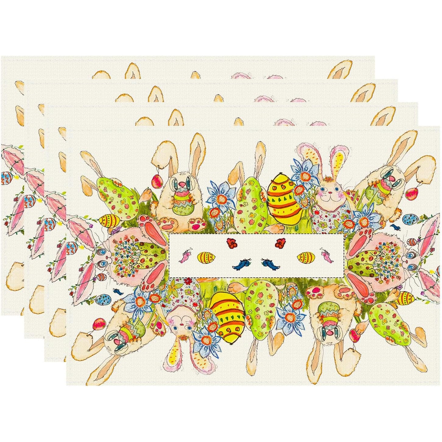 Bunny Rabbits Eggs Easter Placemats Set of 4, 12x18 Inch Floral Bow ...