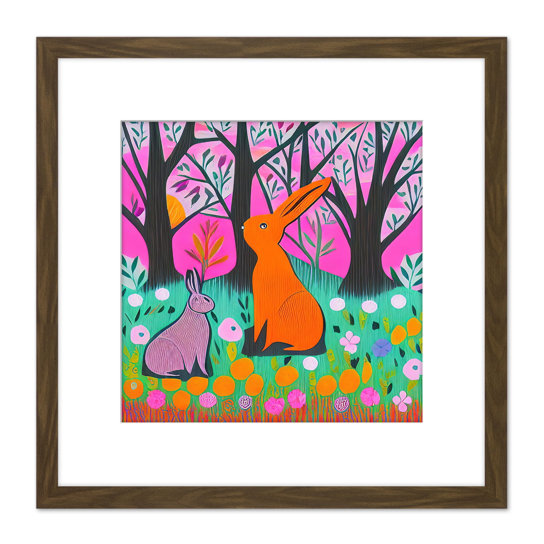 Bunny Rabbits In A Forest Meadow Flowers Pastel Pink Teal Illustration ...