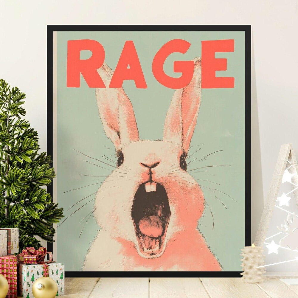 Bunny Rage Poster, Fun Rabbit Art, Bold Animal Print, Unique Wall Decor ...